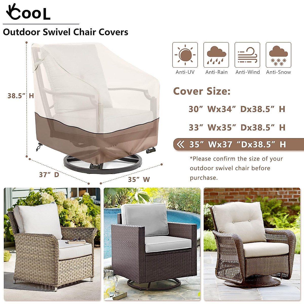 okcool Outdoor Swivel Chair Cover 2 Pack,Outdoor Furniture Patio Chair Covers Waterproof Clearance,(35" W x 37" D x 38.5" H) Outdoor Lawn Patio Furniture Covers,Beige & Brown