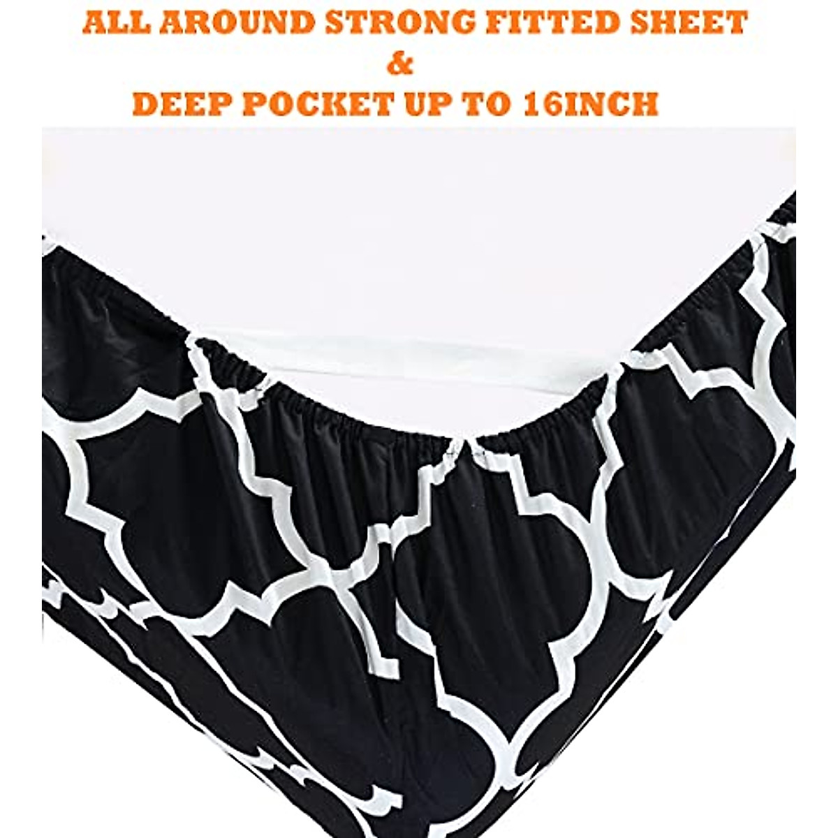 Elegant Comfort 6-Piece Quatrefoil Printed Deep Pocket Bed Sheet Set, Luxurious Silky 1500 Thread Count Bed Sheet Set Ultra Soft Wrinkle Resistant Bedding Set, Queen, Black