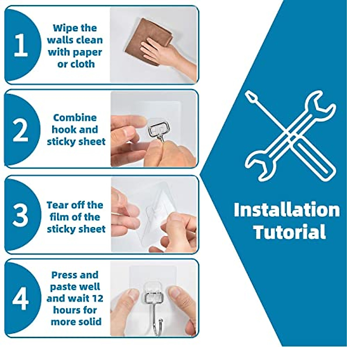 Apwzv Adhesive Hooks Kitchen Wall Hangers - 10 Pack Heavy Duty 40lb (Max) Nail Free Adhesive Hooks.Transparent Waterproof with Stainless Steel Hooks，Reusable Utility Towel Bathroom Ceiling Hooks.