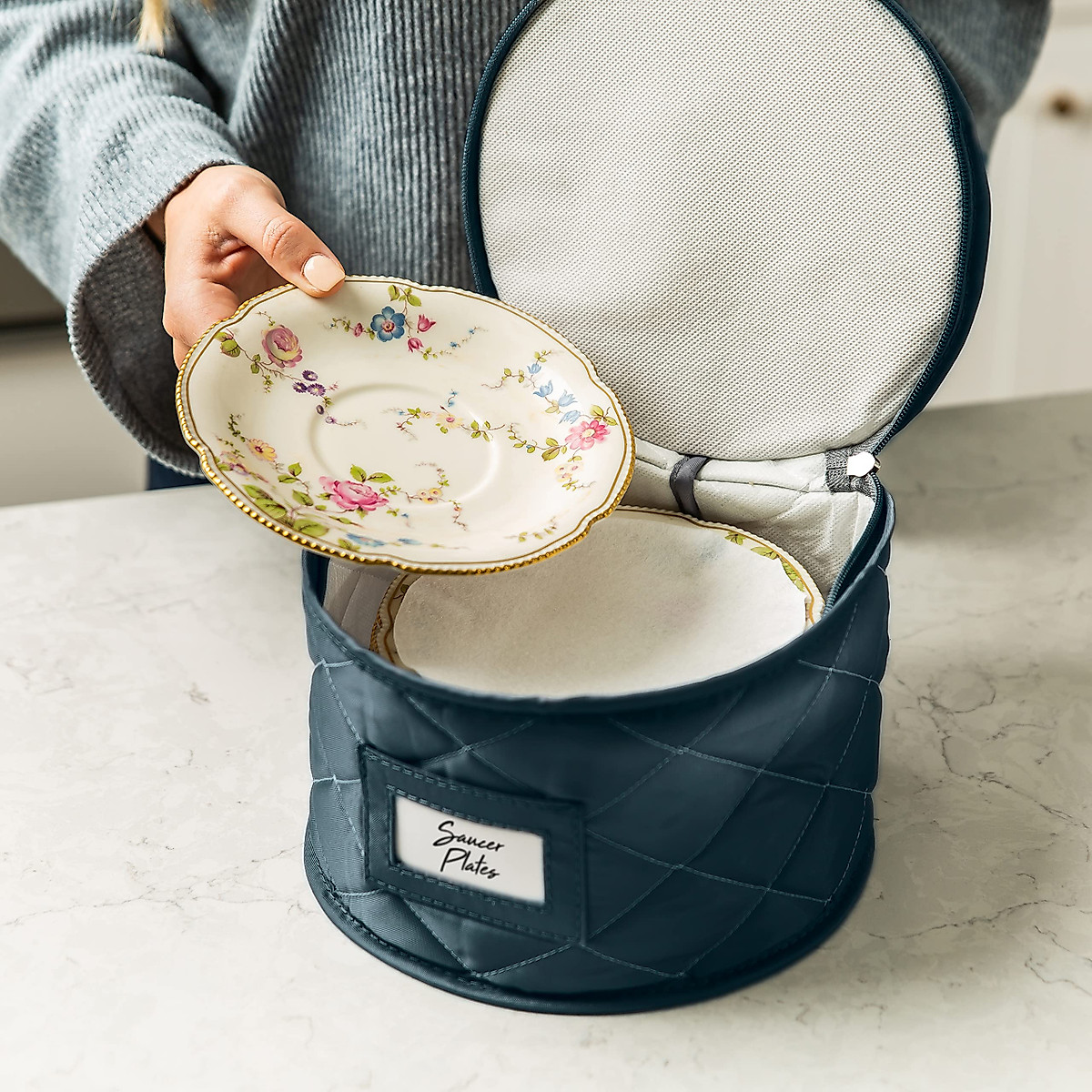 Teemto China Storage Containers Quilted. 7PC Dishes Storage Kit with 48 Cut-to-Size Felt Inners. Fine China Storage, Plate Platter Storage, Glass and Dish Storage, Crystal Stemware, Moving Supplies