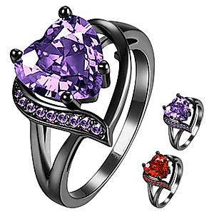 Women Punk Gothic Rings Retro Black Heart Love Puple Crystal Zirconia Dainty Preppy Trendy Rings Fingering Engagement Women Jewelry Statement Cocktail Party Biker Ring Size 6-10 (Purple, 7)