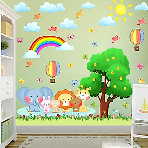 KOKOLAP 3 Sheet Big Tree Animal Wall Stickers,Forest Animal Wall Decal Baby Room Decor,Nursery Wall Decor Sun Wall Stickers Peel and Stick,Elephant Bear Wall Sticker Kids Room Bedroom Classroom Decor