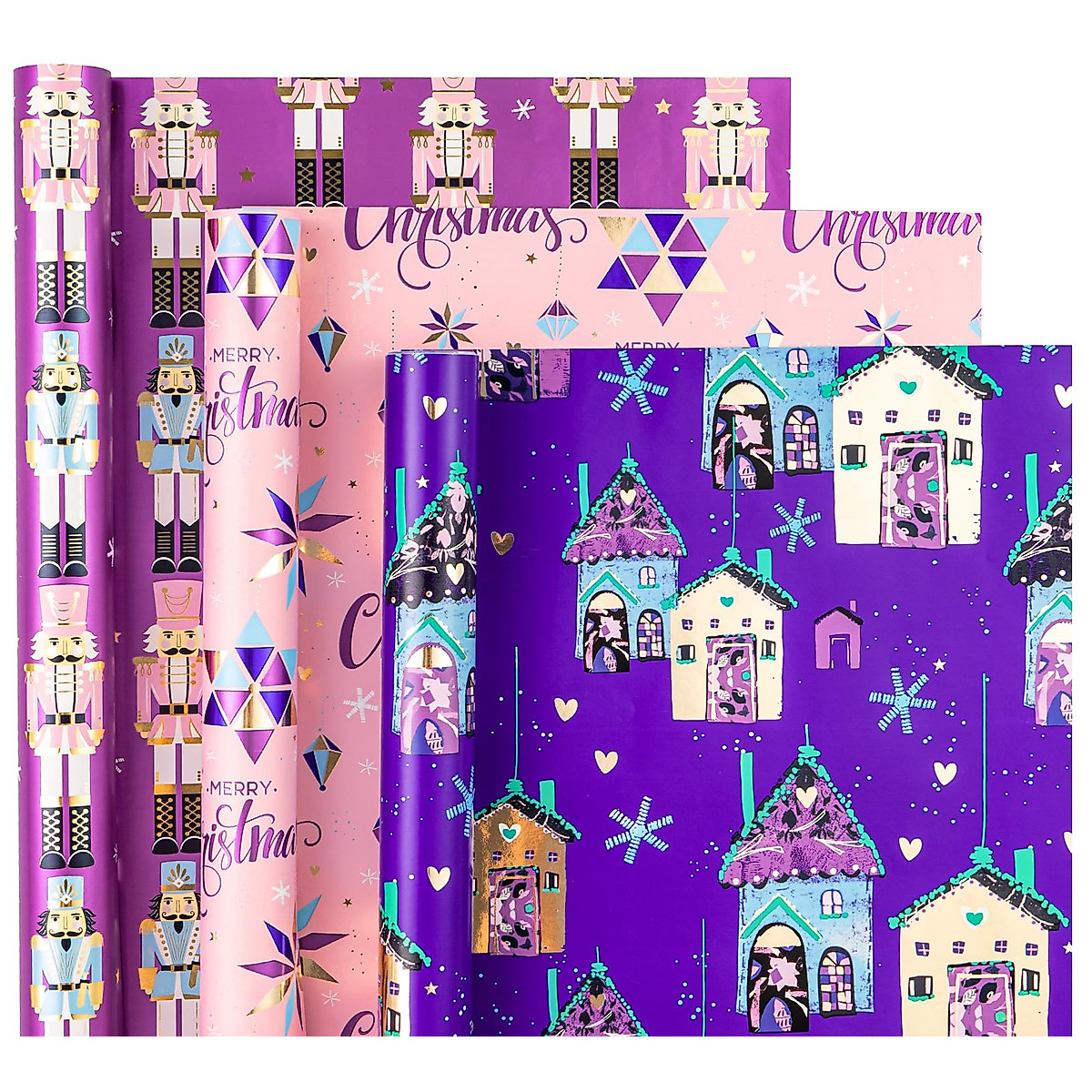 WRAPAHOLIC Christmas Wrapping Paper Roll - Mini Roll - 3 Rolls - 17 Inch X 120 Inch Per Roll - Pink and Purple Nutcracker, House Holiday Collection with Metallic Foil Shine