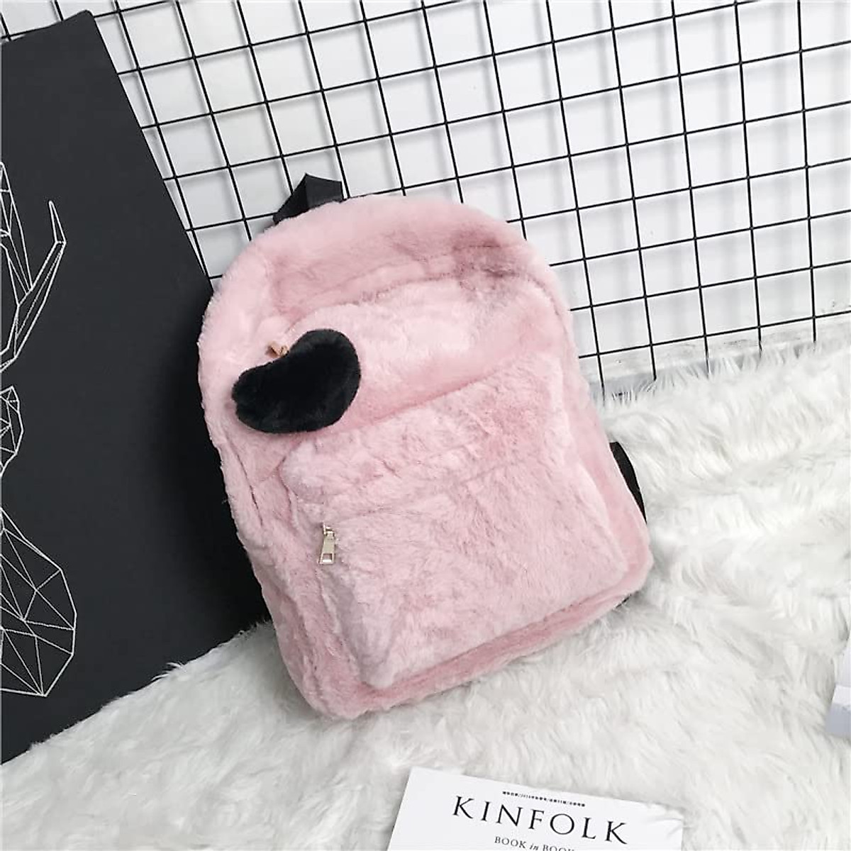 HOKMAH Cute Fuzzy Backpack for Girls, Aesthetic School Supplies Fuzzy Plush Backpack, Kawaii Furry Plush Backpack for Teens (Pink)