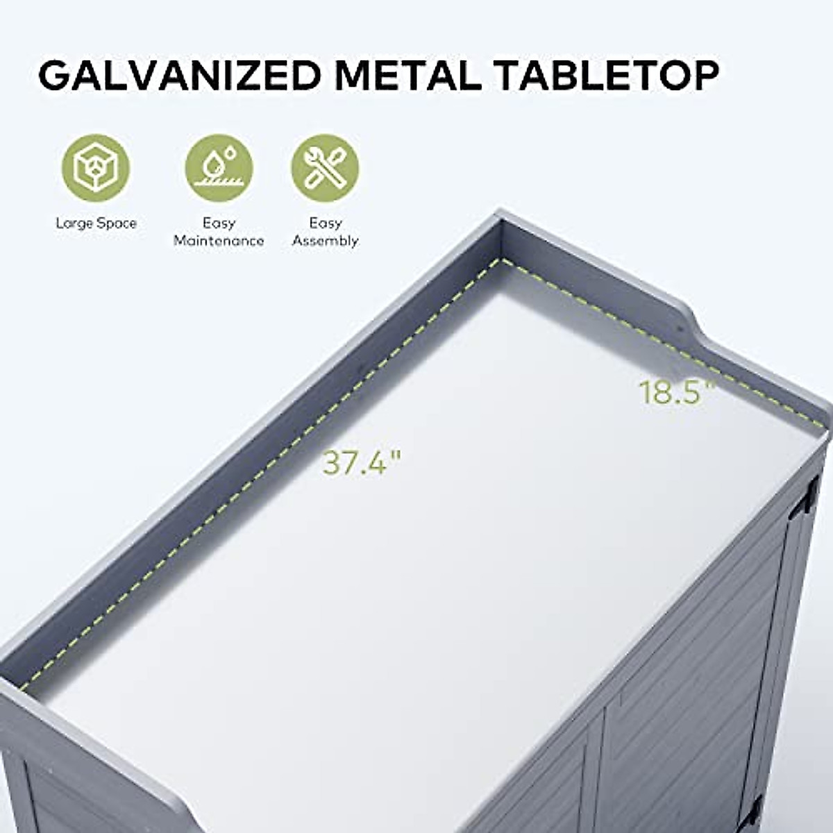 Gizoon Outdoor Potting Bench with Metal Tabletop, Double Doors Garden Potting Table with Adjustable Shelf, Wooden Planting Table Potting Stand for Backyard, Patio, Lawn -Grey