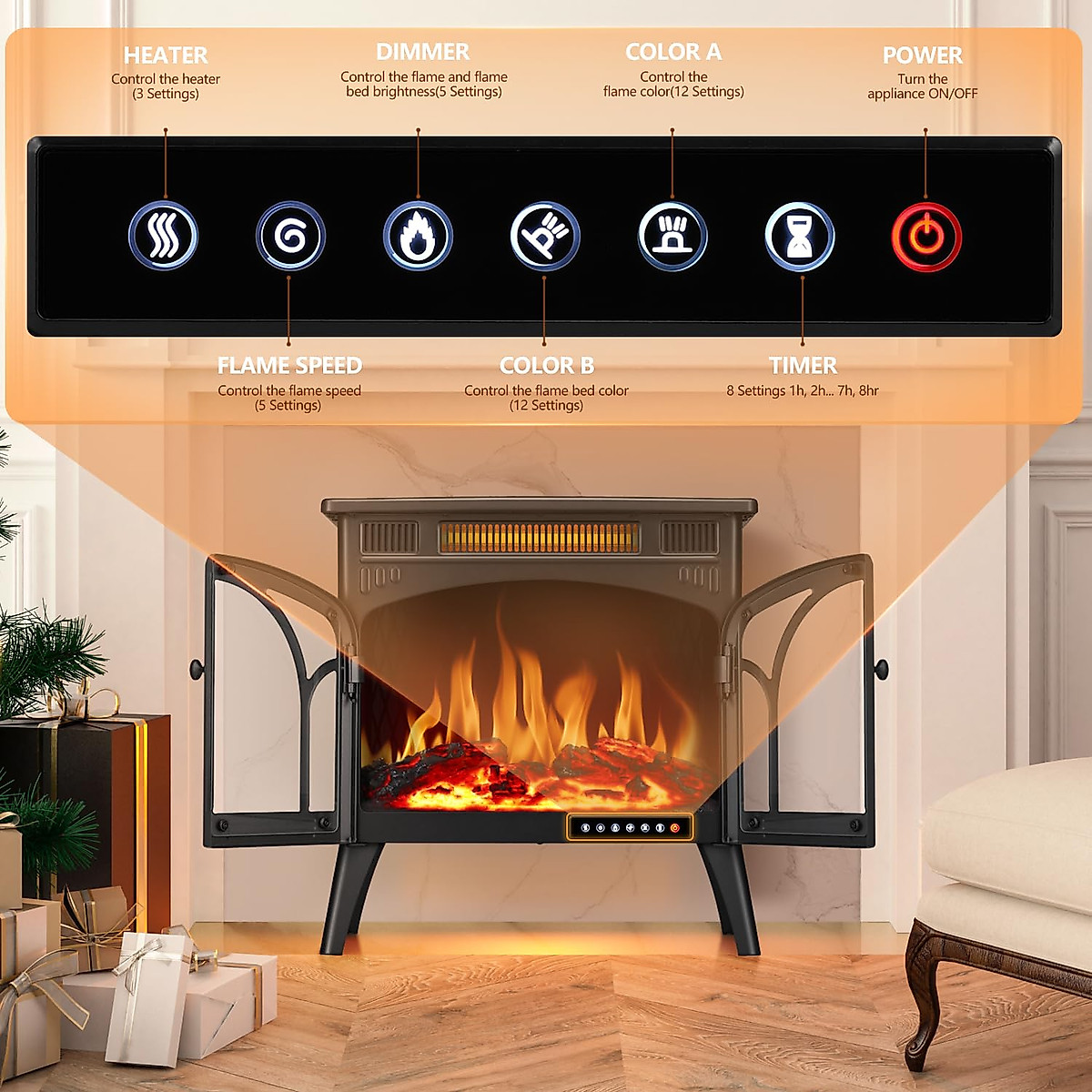 R.W.FLAME Electric Fireplace Heater 25" with Remote Control, Cathedral Stylish, Different Flame Effects and Log Set Colors, Adjustable Brightness and Heating Mode, Overheating Safe Design