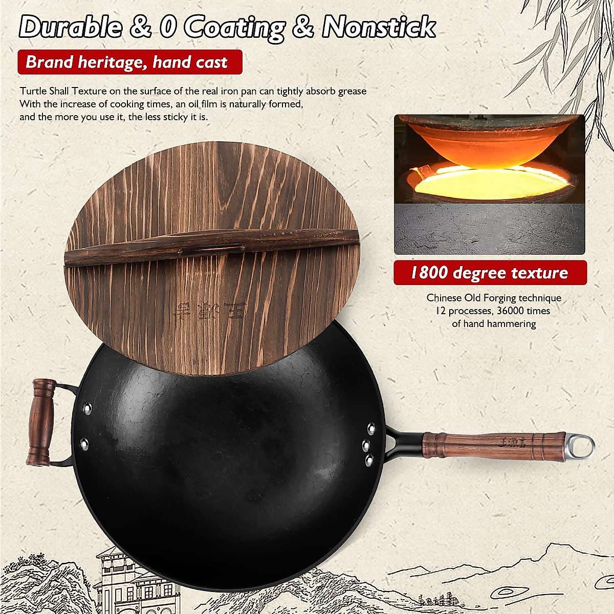 WANGYUANJI Cast Iron Wok Pan 14.2" Large Wok Stir Fry Pan Flat Bottom Wok with Lid and Wood Handle,Suitable for All Cooktops, Uncoated Craft Wok Healthy Cooking Wok-Practical Gift