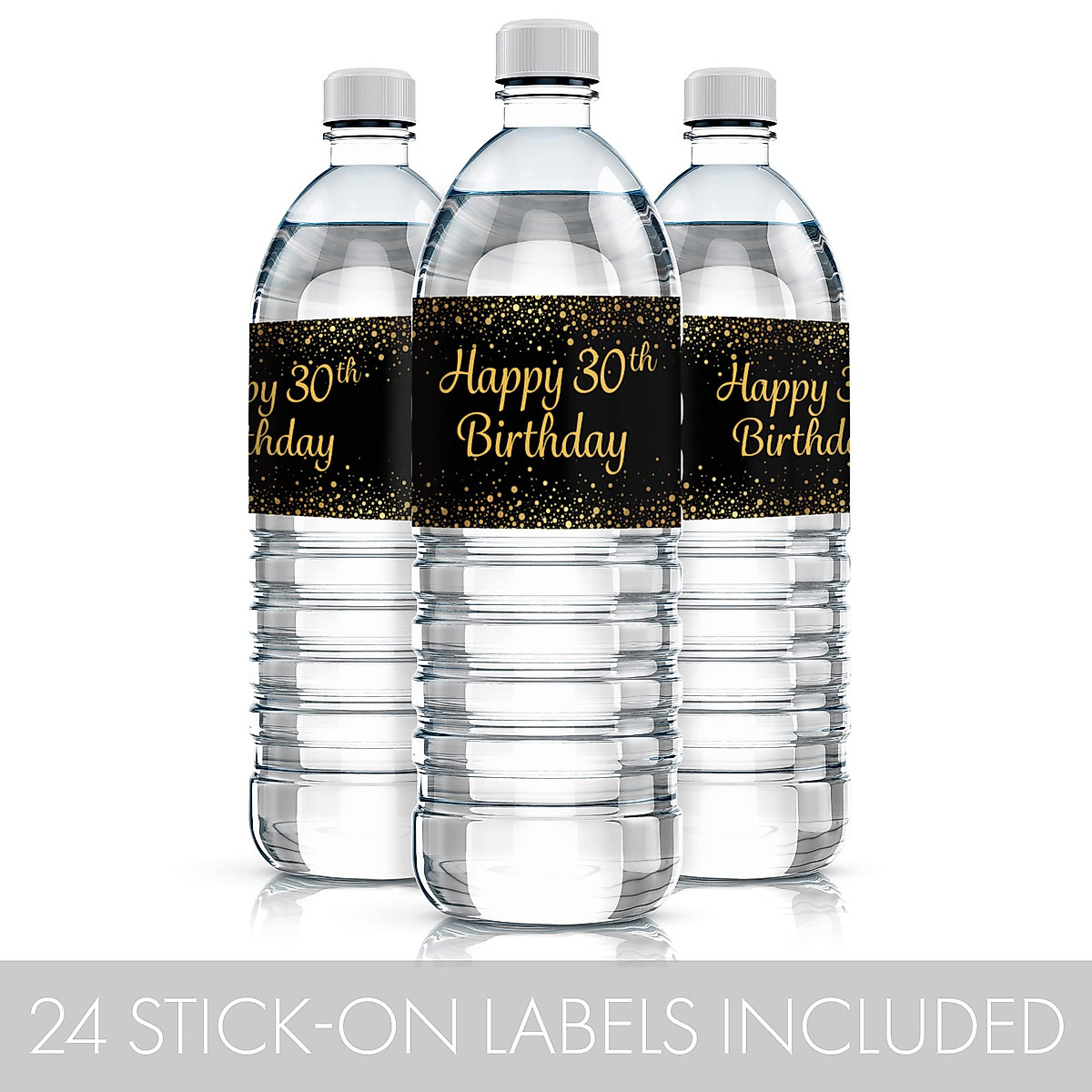 Black and Gold 30th Birthday Party Water Bottle Labels - 24 Stickers