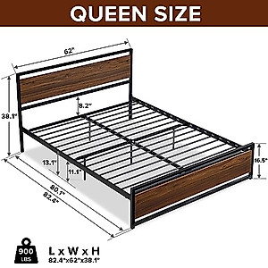 HAUSHECK Queen Size Platform Bed Frame, Industrial Stlye Bed Frames w/Headboard & Footboard, Metal Bedframe No Box Spring Needed w/Strong Steel Slat Support Mattress Foundation for Teen, Adults