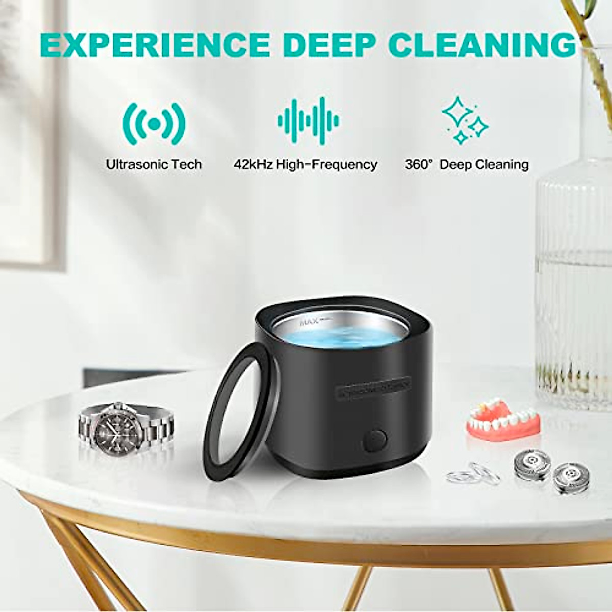Ultrasonic Retainer Cleaner Denture Cleaning: 42kHz Portable Sonic Dental Clean Pod for Mouth Guard Denture Aligner Invisalign (Black)