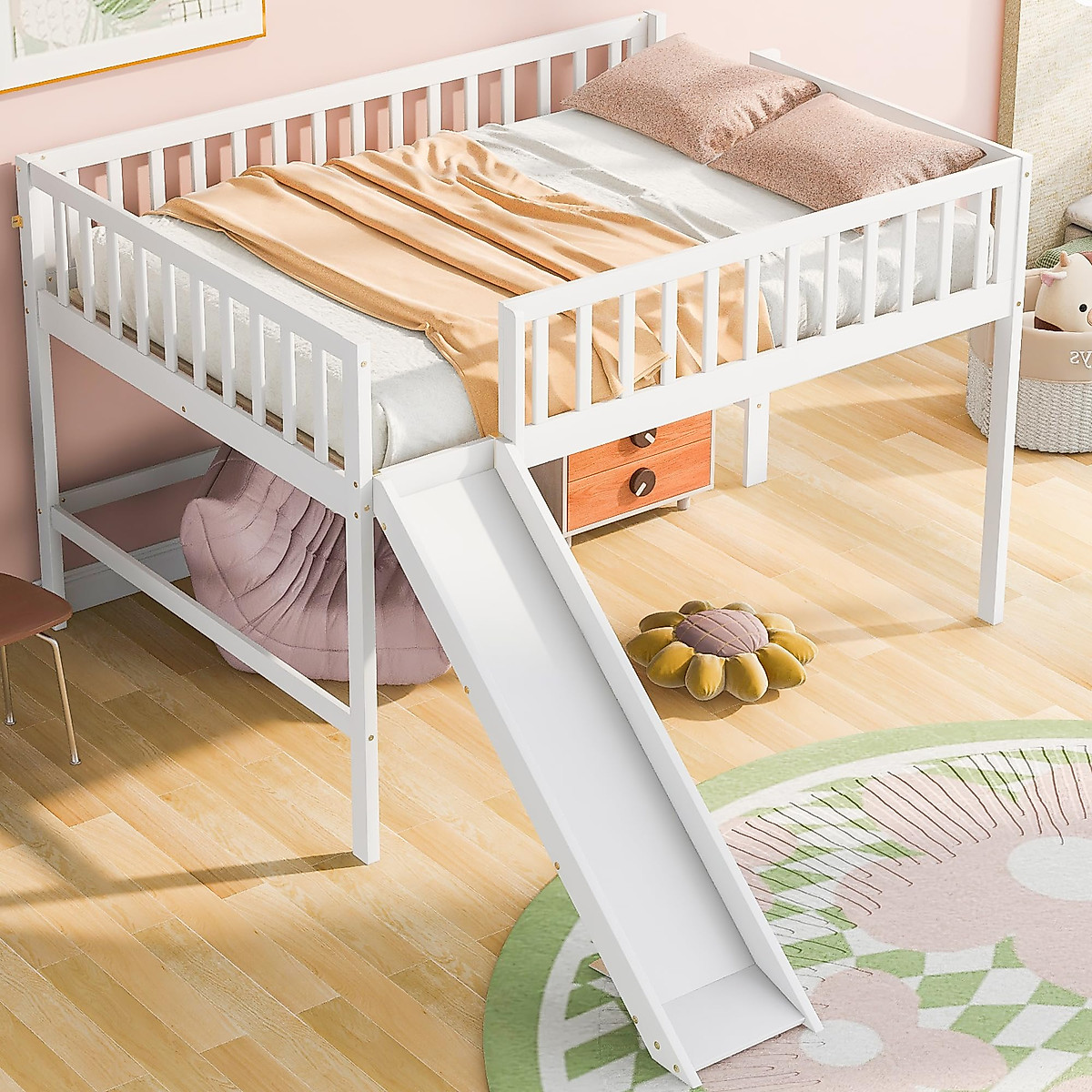 Harper & Bright Designs Full Size Low Loft Bed with Slide, High Guardrail & Ladder, Kids Wooden Full Loft Bed Frame for Girls,Boys, No Box Spring Needed, White