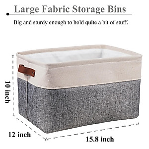 WEHUSE Large Cloth Storage Baskets for Shelf, Collapsible Fabric Rectangular Closet Storage Bins with Leather Handles, Grey 15.8 L x 12 W x 10 H Inch