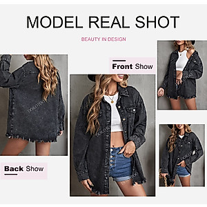 Dokotoo Women's Casual Boyfriend Oversized Lapel Button Up Long Sleeve Denim Trucker Jacket Distressed Ripped Denim Jackets Fray Hem Tassels Jean Jacket for Women with Pockets, (US 8-10) M,Black