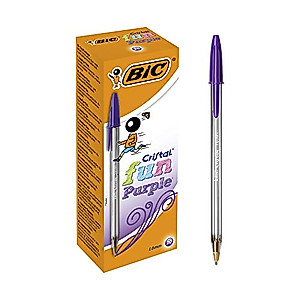 BIC Cristal Fun, Ballpoint Pens, Smudge-Proof Writing Pens and Wide Point (1.6 mm), Ideal for School, Purple Ink, Pack of 20