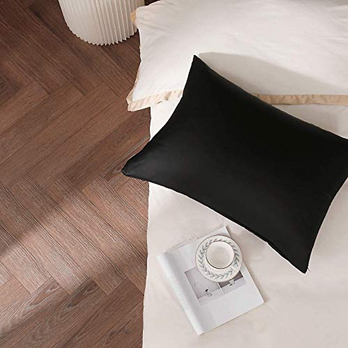 Natural Silk Pillowcase Set of 2 for Hair &Skin - Both Sides 19 Momme 600 Thread Count with Hidden Zipper (Black, Standard)