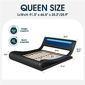 WEEWAY Modern Queen Bed Frame with RGBW LED Lights Headboard, Low Profile Upholstered Platform Sleigh Design, Strong Wood Slats Support, No Box Spring Needed, Black