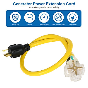 3FT NEMA L5-30P to (3) 5-15R, ZDHQLHJ Generator Power Extension Cord with LED Power Indicator, Heavy Duty 3 Prong 30 Amp L5-30P Male to 15 Amp 5-15R Female