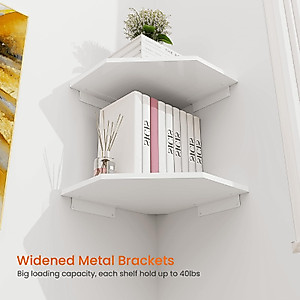 Homode Corner Shelf Wall Mount, Set of 2 Corner Floating Shelves with Cord Hole for Speaker, Cable Box, 2 Tier Wood Hanging Storage Shelf for Bathroom Living Room Bedroom, White