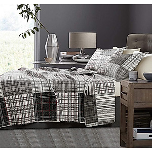 Bedspread Set Queen/Full Size Quilt Set Plaid Bed Spread Coverlet Black White Grey Plaid Patchwork Stripe Modern Quilt Bedspread Bedding Soft Lightweight Reversible Home Mens Quilts for Queen Bed