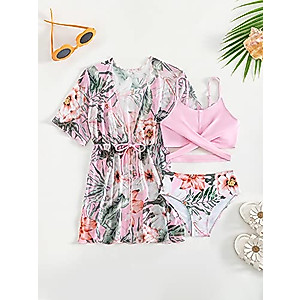 Cozyease Girls' 3 Piece Watermelon Print Drawstring Waist Swimsuit Tie Front Bikini Set Spaghetti Strap Bathing Suit Light Pink 11-12Y