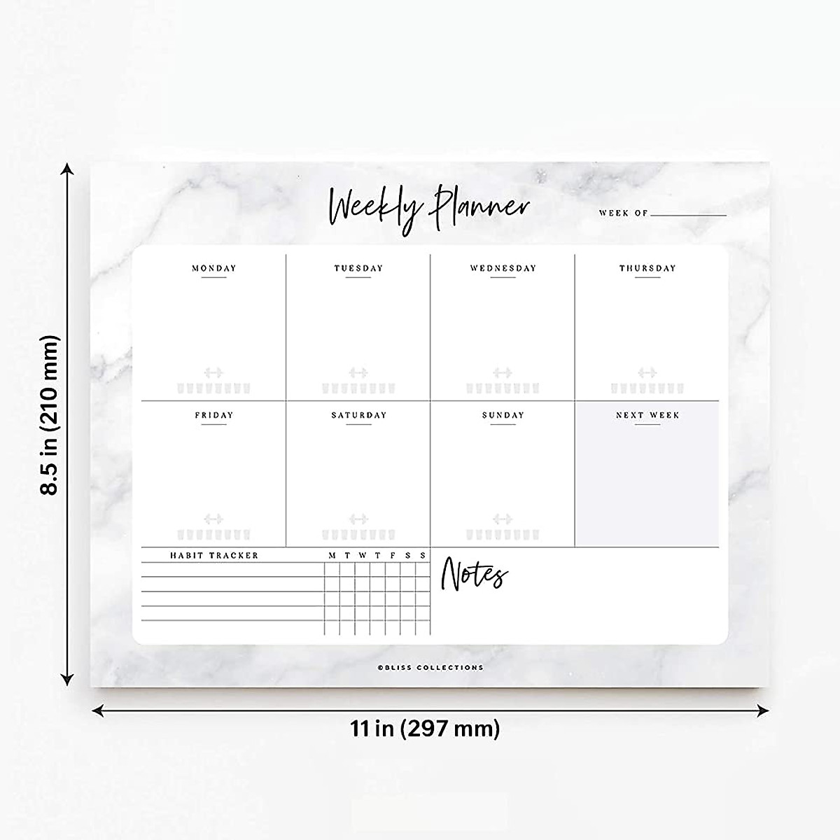 Bliss Collections Weekly Planner, Marble, Undated Tear-Off Sheets Notepad Includes Calendar, Organizer, Scheduler for Goals, Tasks, Ideas, Notes and To Do Lists, 8.5"x11" (50 Sheets)