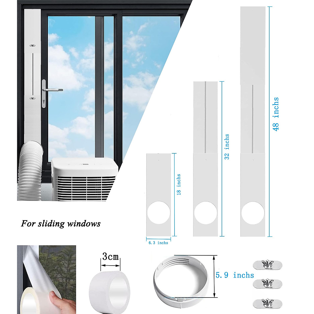 Portable Air Conditioner Window Seal Kit,Universal Portable AC Replacement Sliding Window Seal Plate for 5.9 Inch Exhaust Hose, Adjustable Max Length to 48 Inch Window Vent Kit