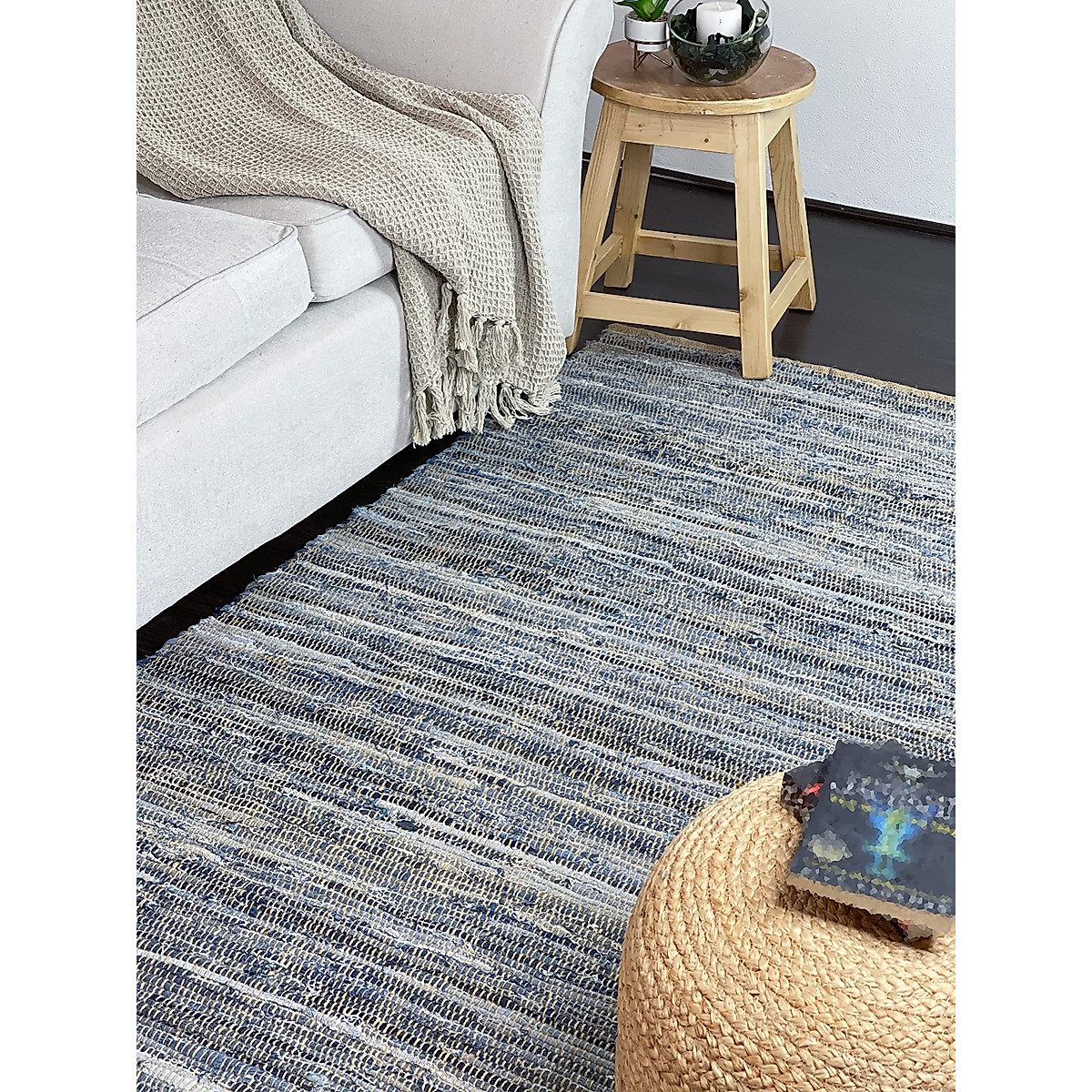 Chardin home Farmhouse Rag Rug 4x6 feet Denim Blue | Cotton & Jute Hand Woven Chindi Rug, Long Boho Rug | Perfect for Hallways, Kitchens, Bathroom, bedrooms | Shades of Blue