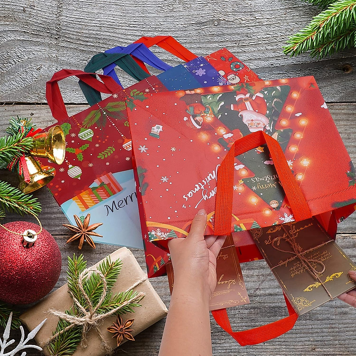 Heetobcos 12 Pack Christmas Gift Bags Large Reusable Christmas Tote Bags, Non-Woven Christmas Bags for New Year's Shopping, Christmas Surprise, Xmas Party Supplies,12.8"×9.8"×6.7"