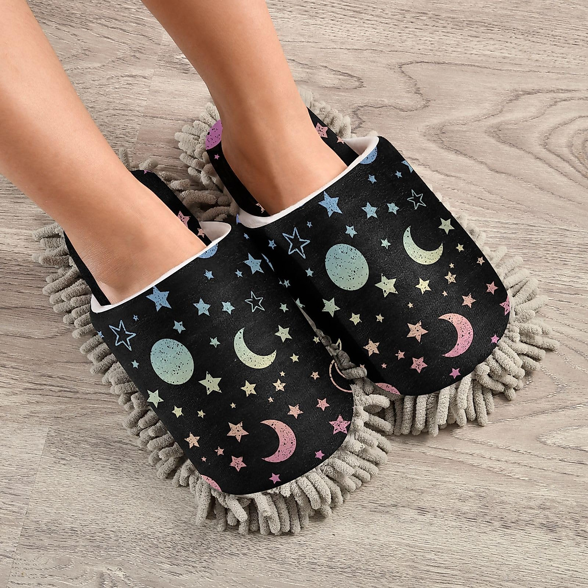 FLildon Microfiber Cleaning Slippers Gradient Moon Stars Washable Mop Shoes Slipper for Men/Women House Floor Dust Cleaner, Size L