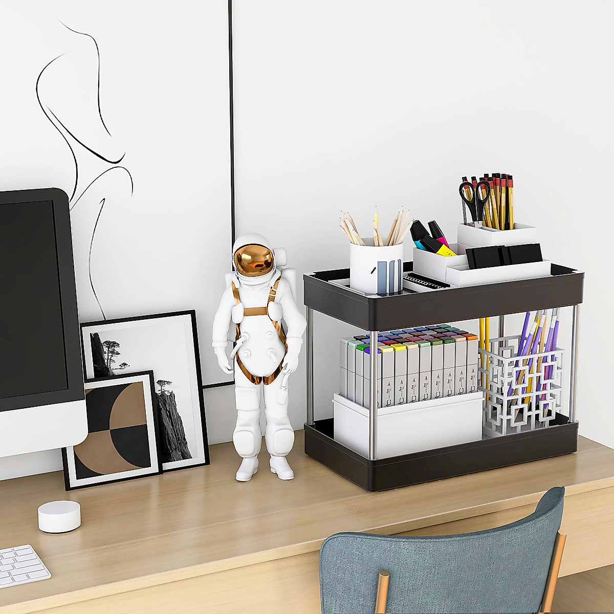 Under Sink Organizer, 2 Tier Bathroom Organizer with 4 Hooks, Multi-purpose Under Sink Storage, Countertop Storage Shelf Holder, Kitchen Spice Rack, Under Sink Storage for Bathroom Kitchen, Black