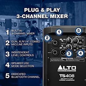 Alto Professional TS408 - 2000W 8" Powered PA Speaker with 3 Channel Mixer, Bluetooth Streaming, Wireless Loudspeaker linking, DSP and Alto App