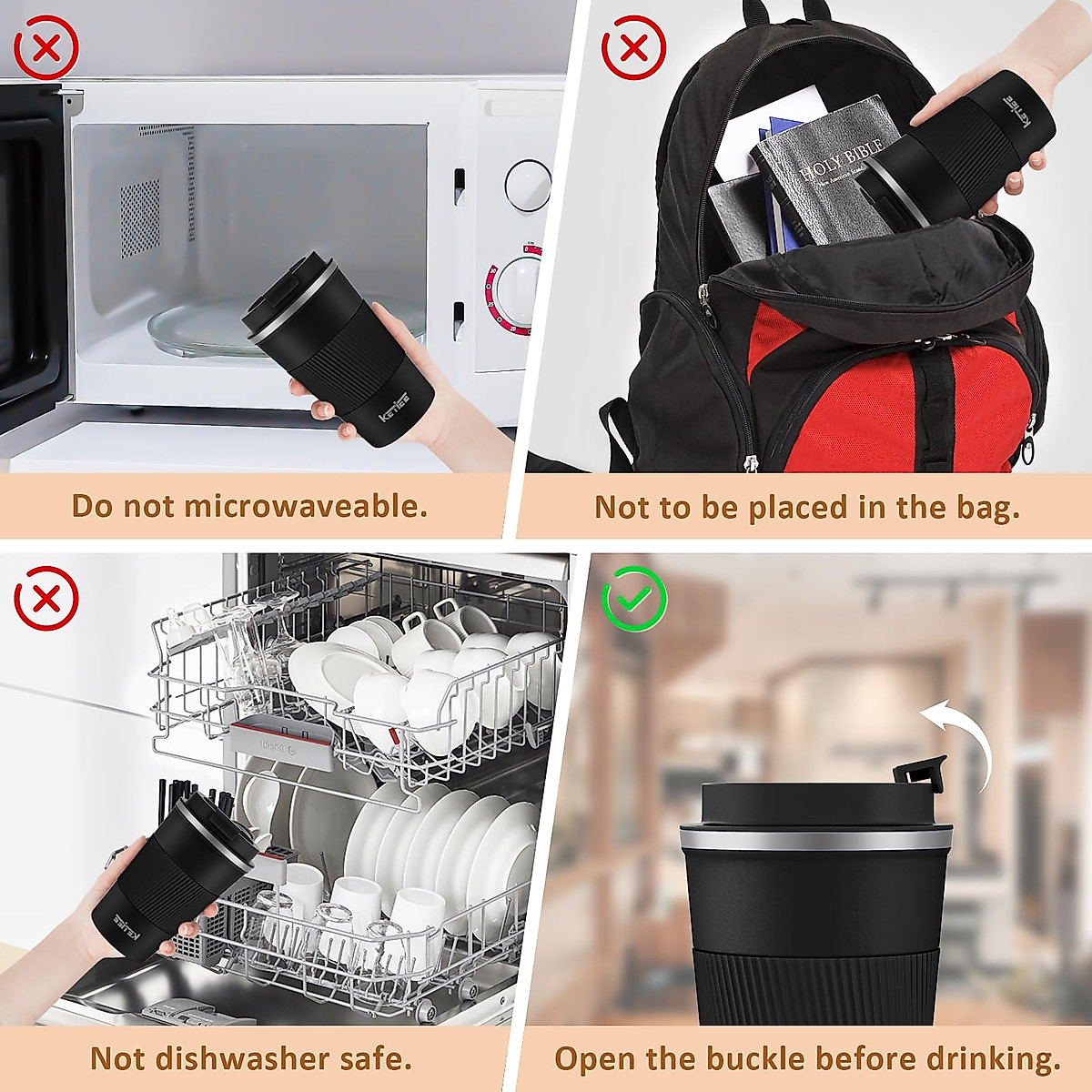 KETIEE Travel Mug 12oz, Vacuum Insulated Coffee Mug with Leakproof Lid, Travel Coffee Tumbler Stainless Steel Double Walled Reusable Coffee Cup for Hot and Iced Coffee Tea Water (Black)