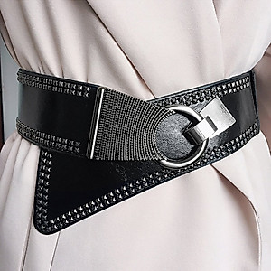 macoking Wide Belts for Women Studded Waist Elastic Belt for Dress 80s Accessories Black