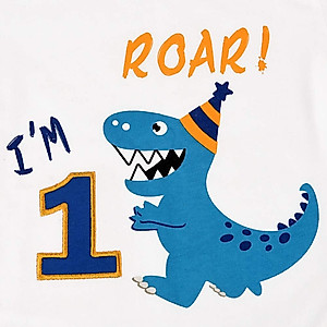 AMZTM 1st Dinosaur Birthday Boy T-Shirt Baby Boy One 1 Year Old Birthday Shirt Outfit First Dino Birthday Party Boy Top Tee White