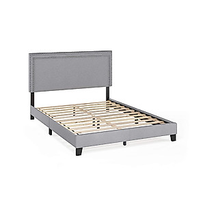 Furinno Laval Double Row Nail Head Upholstered Platform Bed Frame, Queen, Glacier