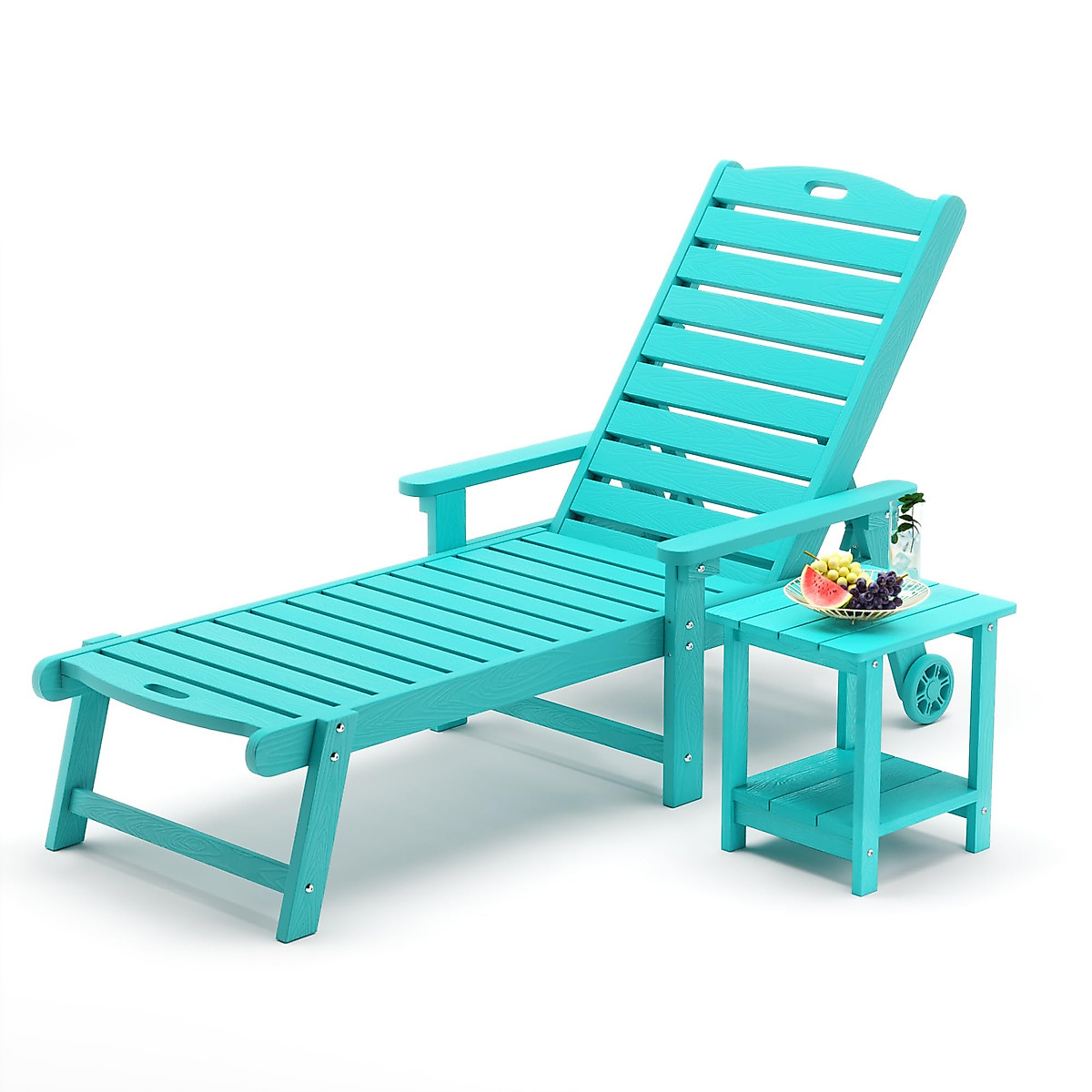 LUE BONA Chaise Lounge Chair with Table, 2-Piece, HDPS Material, 3-Year Warranty, Patio Lounge Chairs with Adjustable Backrest, Resin Pool Lounge Chairs with Wheels for Outside, Aruba Blue