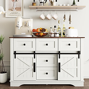 Vabches Farmhouse Sideboard Buffet Cabinet with Storage, Large Kitchen Sideboard Cabinet, Sliding Barn Doors and 5 Drawers, Adjustable Storage Shelves, Coffee Bar Table for Dining Room, White
