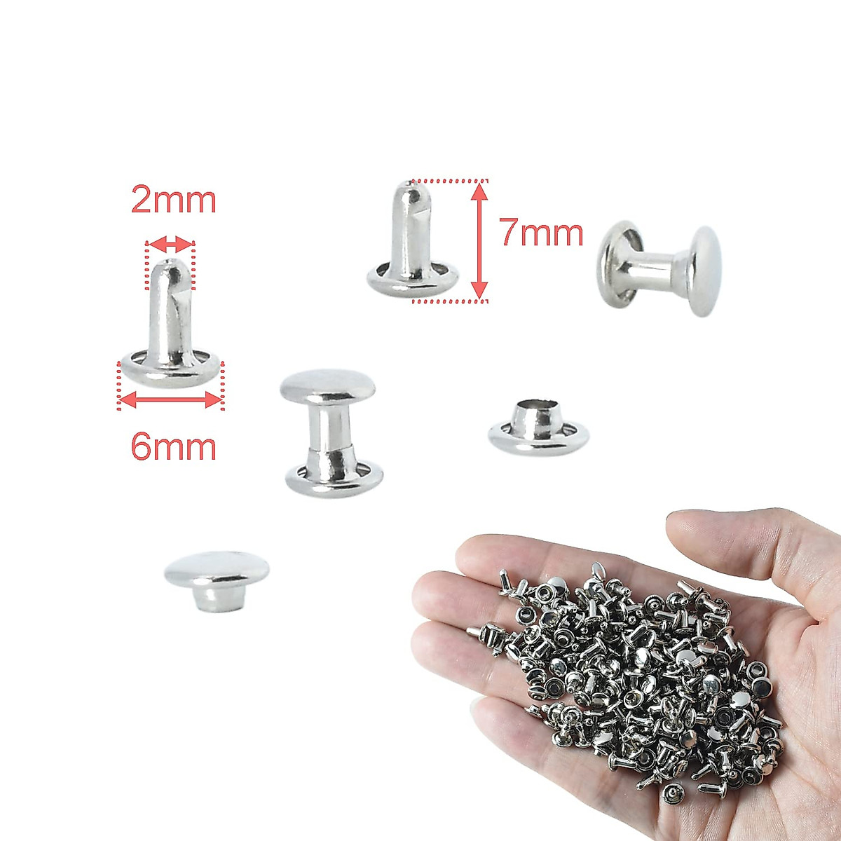 200Sets 6mm Round Cap Leather Rivets, Double Cap Rivets Tubular Metal Studs Rivets for Leather Purse Keyrings Repair and Crafts Decoration (6mm Silver)