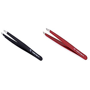 Stainless Steel Slant Precision Tweezers – Professional Tweezers for Eyebrows & Hair Removal – Black & Red (Pack of 2)