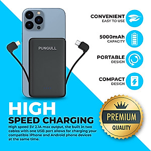 Slim Portable Charger 5000mAh - Compact Mini Small Power Bank Built-in Cable Cute Mobile Cell Phone External Battery Pack 5V 2.1A USB-C Compatible with iPhones 6/7/8/X/XS/XR/11/12/13/14 Airpods