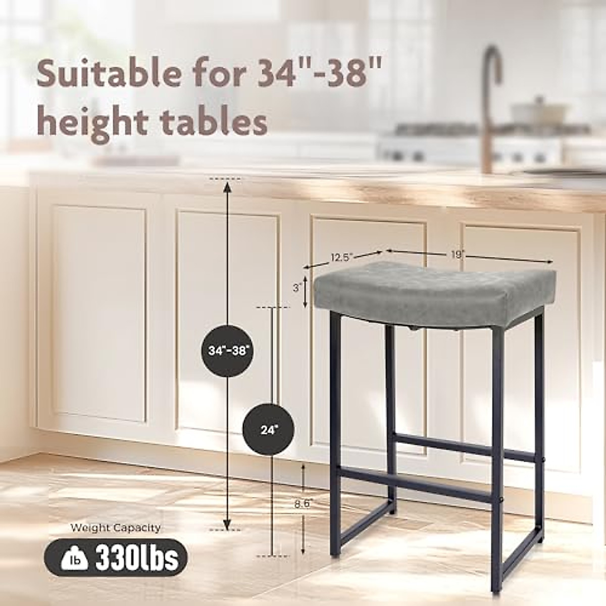 ALPHA HOME Bar Stools Backless Saddle Seat Barstools Modern PU Leather Cushion Counter Height Chairs Set of 2 for Kitchen Island, Dining Pub and Bistro, 24 Inches, Grey, 2PCS