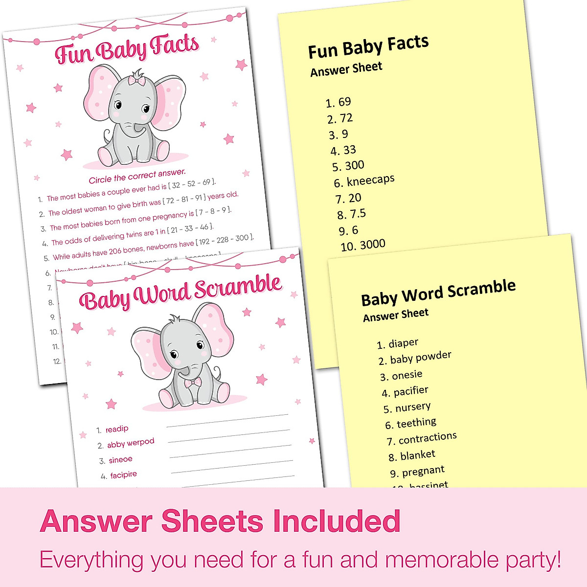 Papery Pop Baby Shower Games for Girl - Set of 4 Games for 30 Guests - Double Sided Cards - Baby Shower Supplies - Elephant