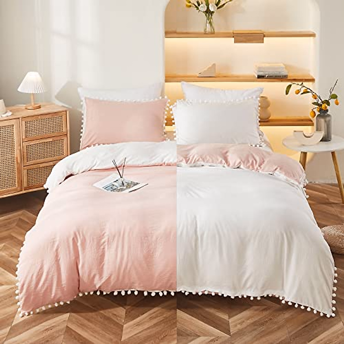 Bedbay Queen Duvet Cover Set Pink Bedding for Teen Girls Aesthetic Bedding Set Ball Pom Fringe Design 3pcs Ultra Soft Microfiber Duvet Cover Set(White&Pink,Queen)