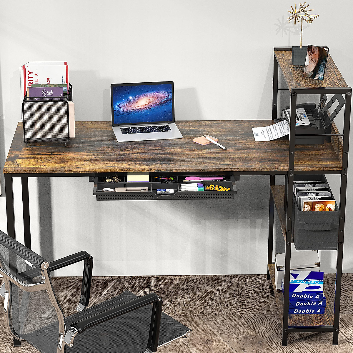 SHW 46-Inch Computer Desk with Adjustable Side Shelf and Drawer, 24" Deep, Rustic Brown