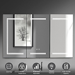 Karl home 48x28 Inch 3-Doors Bathroom Medicine Cabinet with LED Mirror, 3-Color Wall Mounted Dimmable Bathroom Cabinet with 3-Tier Storage Shelves, Anti-Fog, USB Charge, White