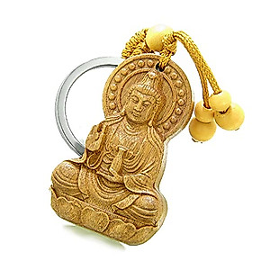 Magic Human Car Keys Keychain - Kwan Yin Quan Blessing - Goddess Holding Spiritual Jar with Eternal Life Elixir - The Divine Buddha and Light Amulet - Cool Feng Shui Sandalwood Key Ring