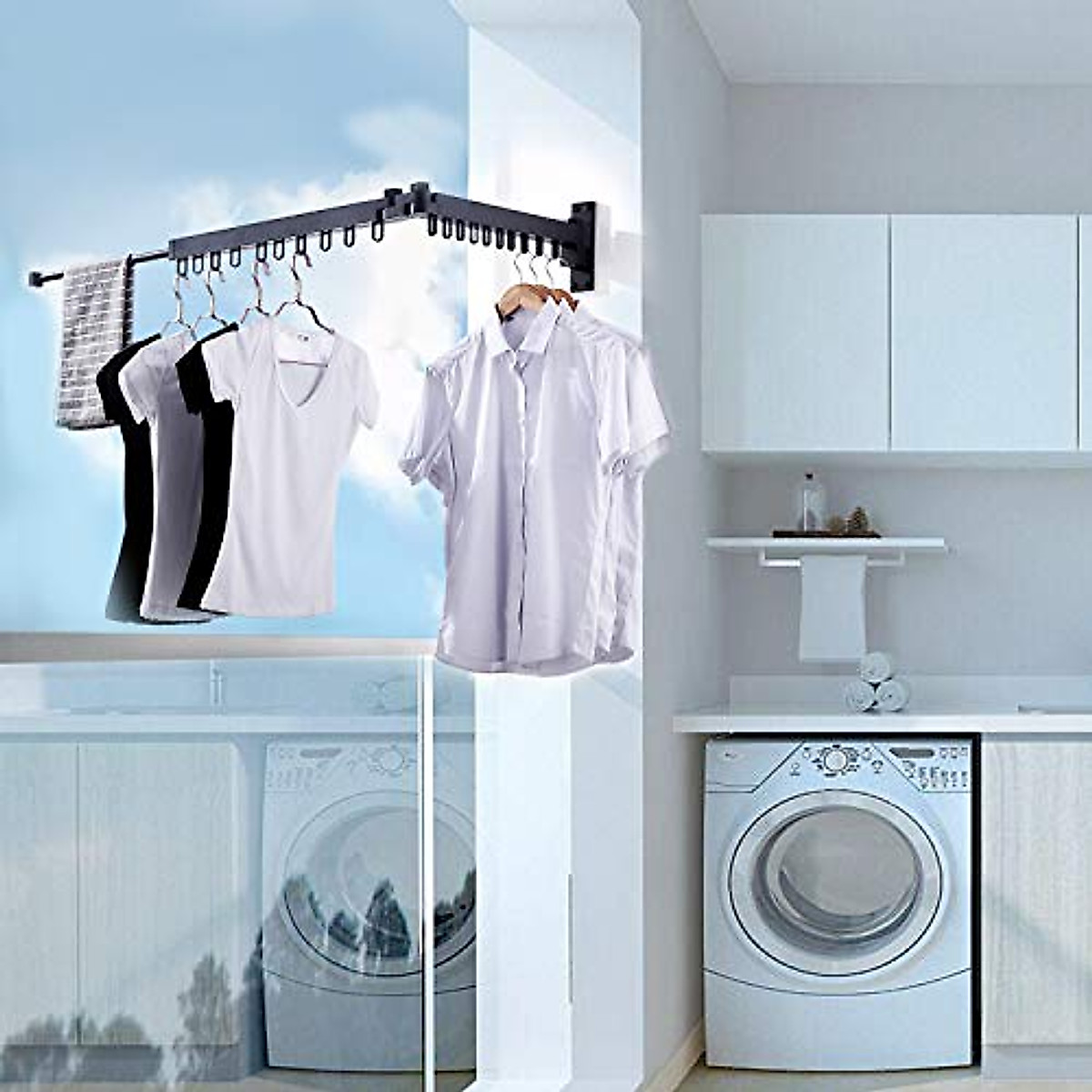 MYOYAY Wall Mounted Folding Clothes Hanger Space-Saver, Indoor/Outdoor Adjustable Clothes Drying Rack, 220 LBS Retractable Dry Coat Hanger for Laundry Room, Storage Organiser Instant Closet,Black