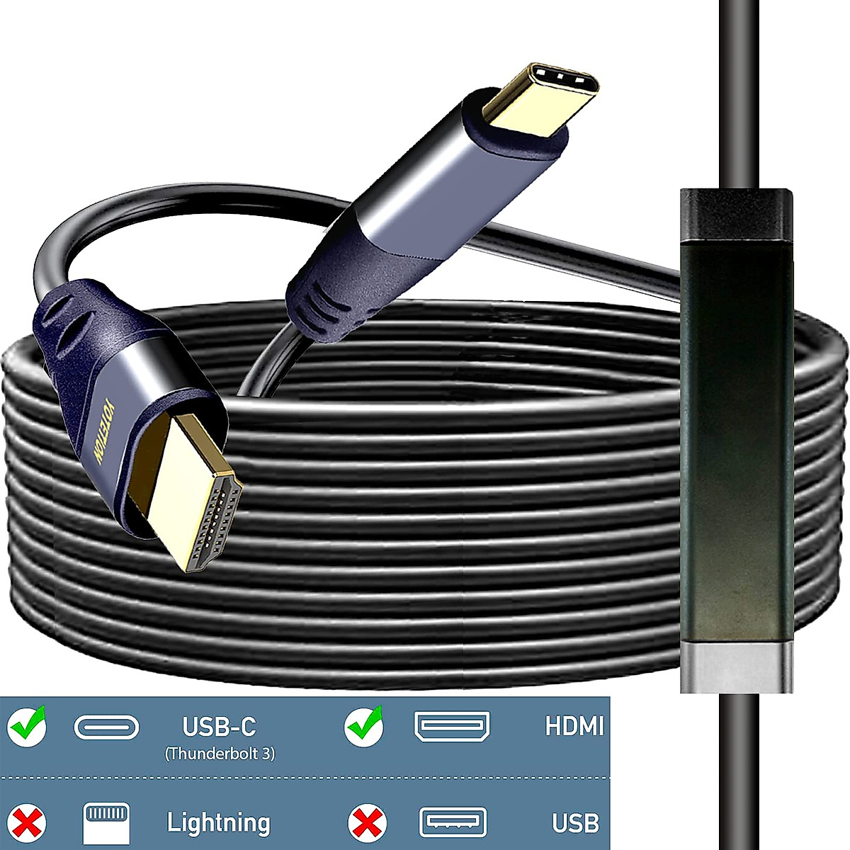 USB C to HDMI Cable 25FT with IC, 4K@60HZ Type-C to HDMI for MacBook Pro/Air, iMac, Galaxy S20 S10 S9 S8, Surface, Dell, HP, MacBook Pro, MacBook Air, iPad Pro, Pixelbook, XPS, Galaxy, and More
