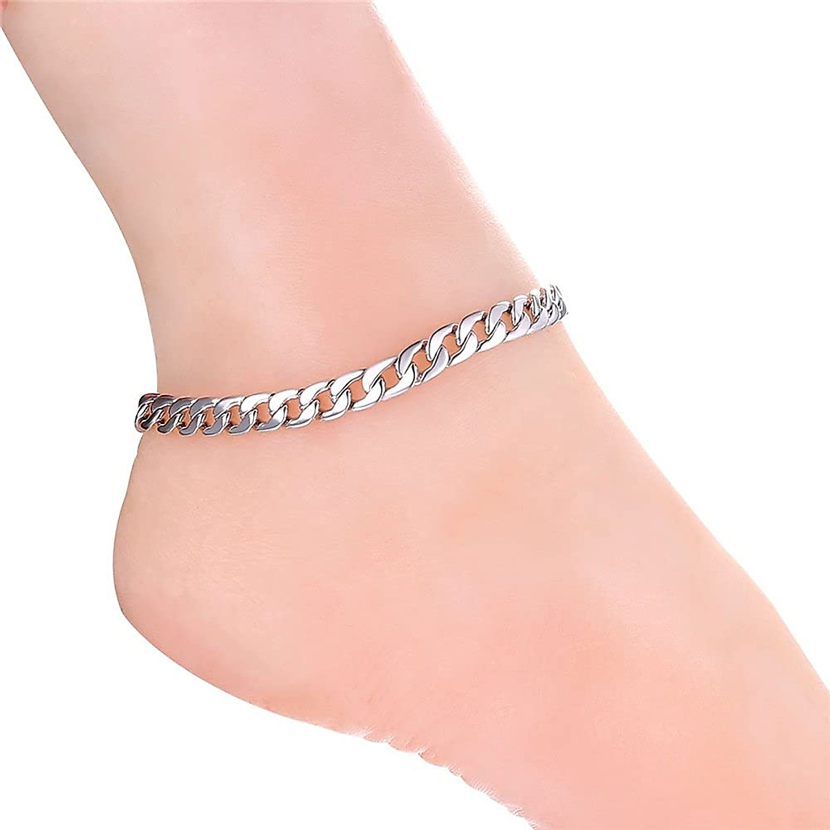 U7 Cuban Chain Anklets Platinum Plated Beach Foot Jewelry 7mm Wide Curb Chains Ankle Bracelet for Women, Length 22-27CM
