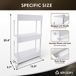 Sikobin 3-Tier Rolling Storage Cart Utility Cart Trolley Mobile Organizer with Lockable Caster Wheels Standing Rack Shelving Unit Organizer Kitchen Bathroom Laundry Room